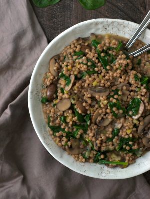 Israeli Couscous Risotto with Mushrooms and Spinach
