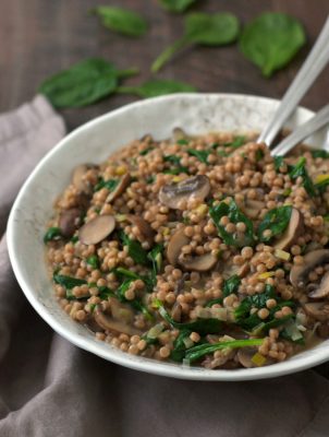 Israeli Couscous Risotto with Mushrooms and Spinach